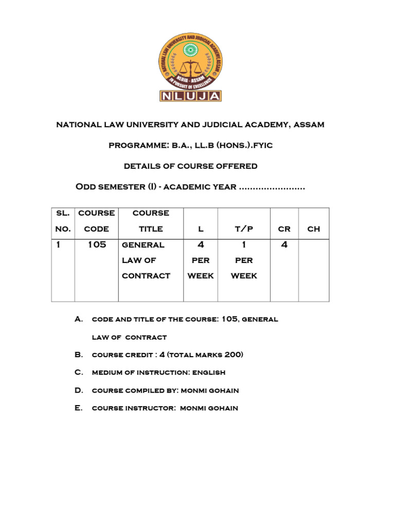 Nlu Assam LAW OF CONTRACT Syllabus | PDF | Consideration | Damages