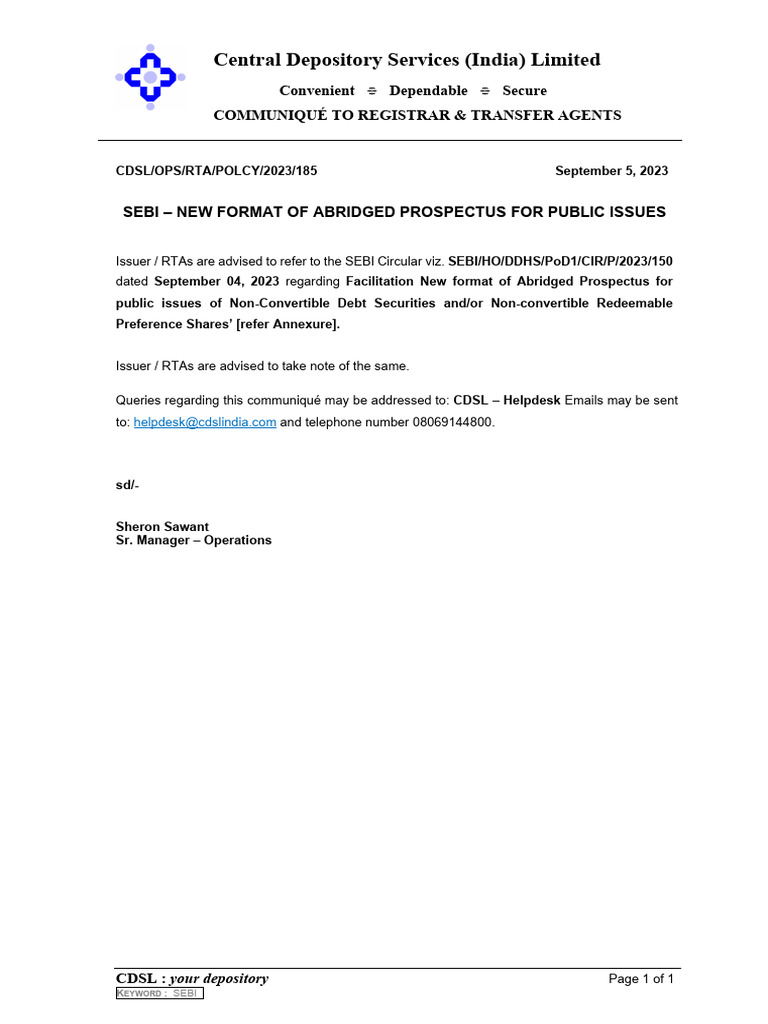 RTA 185 SEBI New Format of Abridged Prospectus For Public Issues | PDF ...