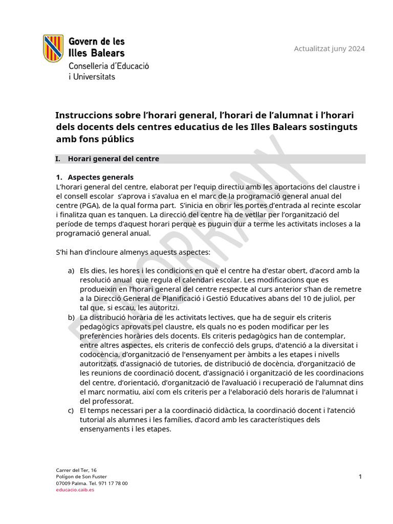 +instruccions Horaris, JUNY 2024 Esborrany | PDF