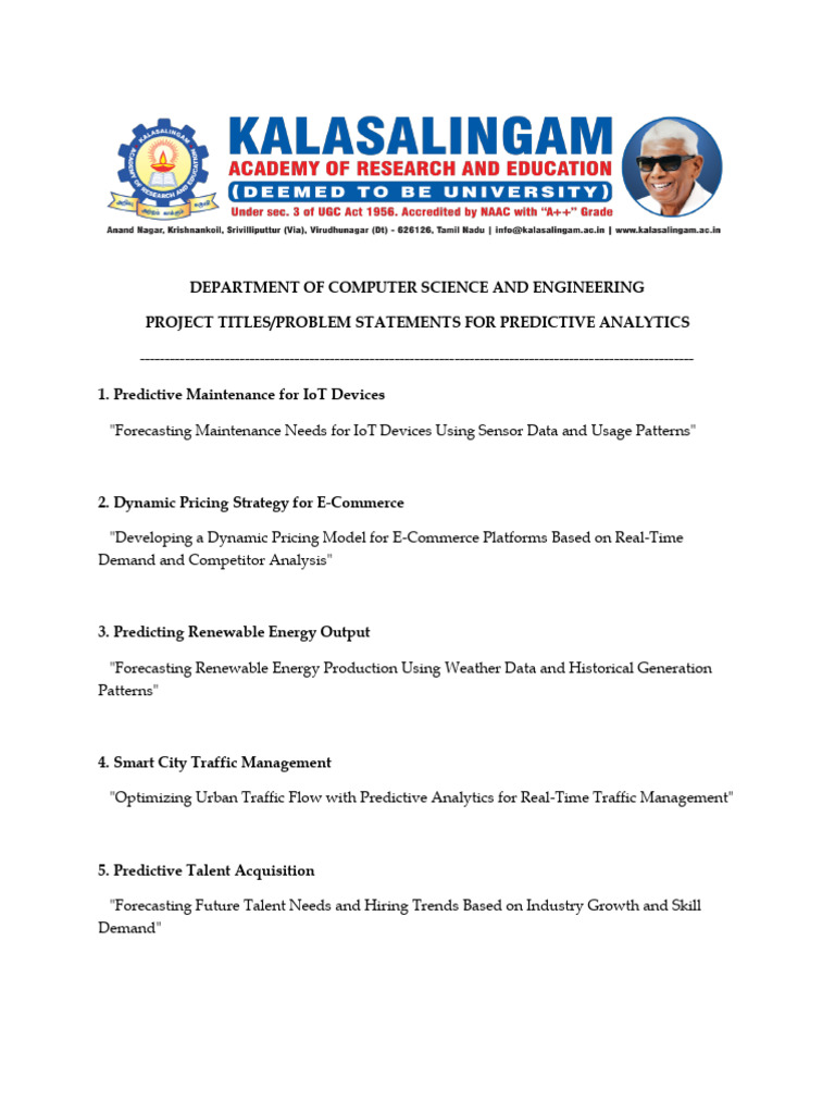PROJECT TITLES FOR PREDICTIVE ANALYTICS | PDF | Analytics | Predictive Analytics