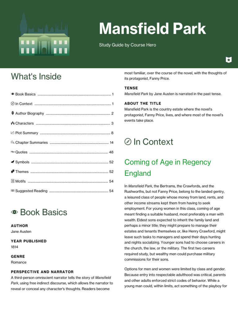 Mansfield Park Study Guide Overview | PDF | Mansfield Park | Fanny Price