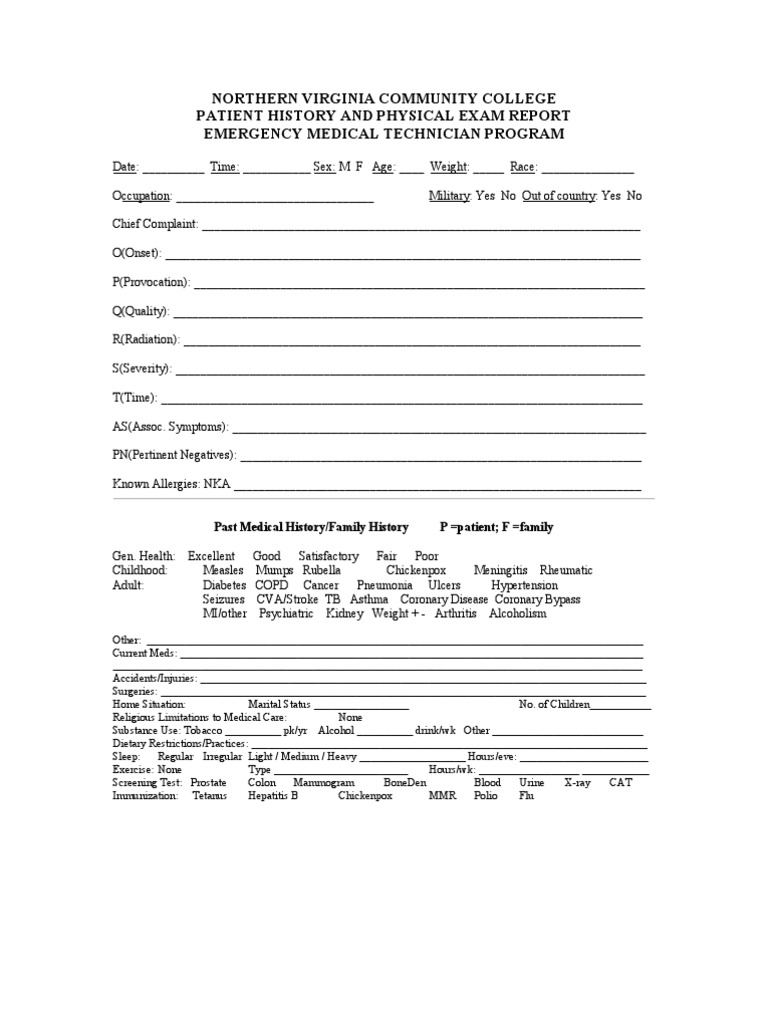 Patient History and Physical Exam Template | PDF | Physical Examination ...