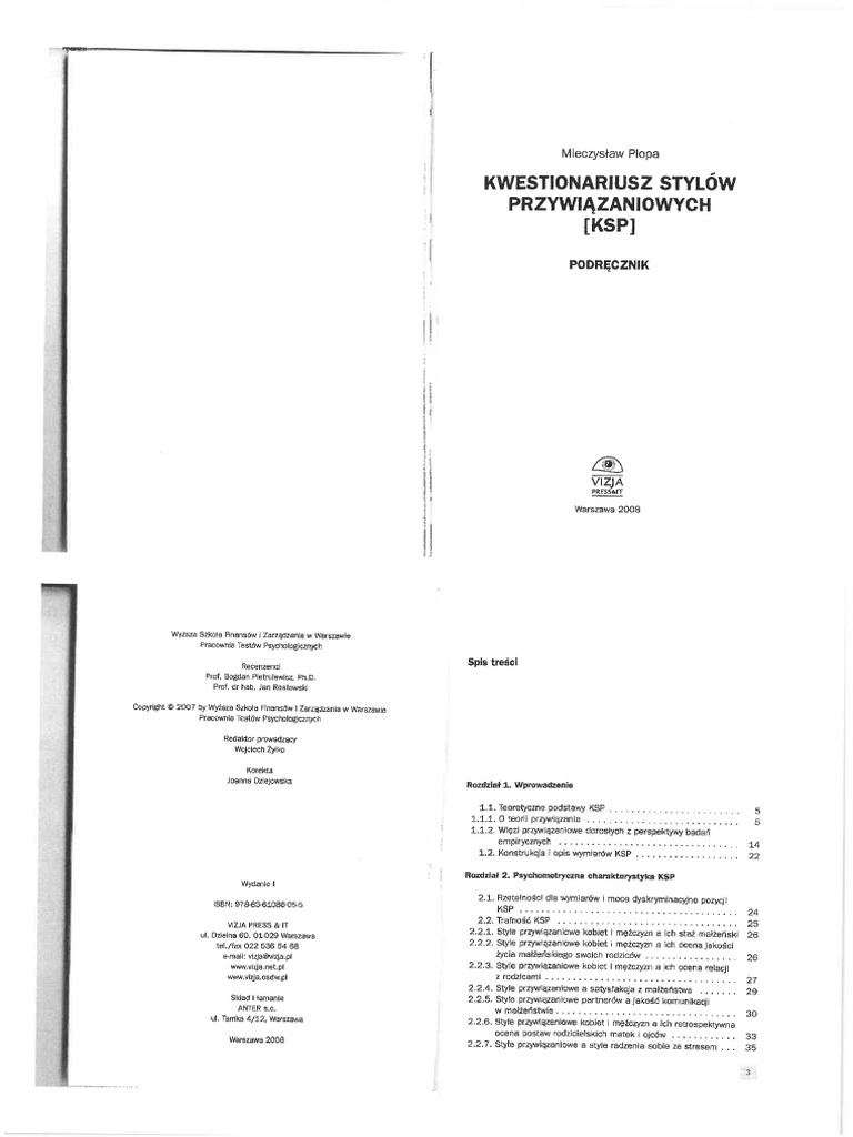 Podręcznik KSP - Kwestionariusz Stylów Przywiązania | PDF