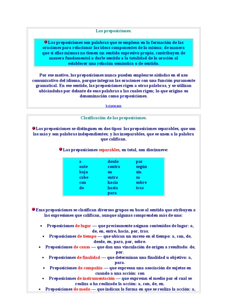 Clasificación y uso de preposiciones | PDF | Preposición y Postposición ...