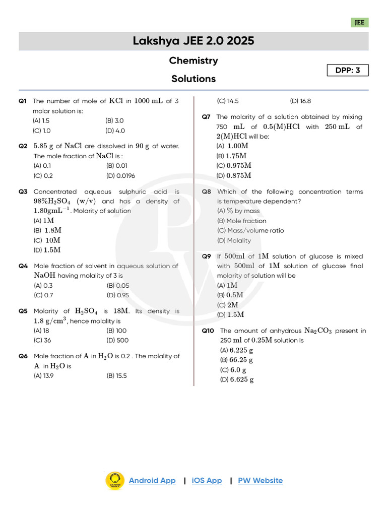 Solutions - DPP 03 (Of Lec 04) - Lakshya JEE 2.0 2025 | PDF | Mass Concentration (Chemistry ...