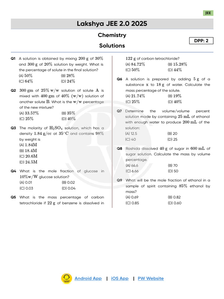 Solutions - DPP 02 (Of Lec 03) - Lakshya JEE 2.0 2025 | PDF | Mass Fraction (Chemistry ...