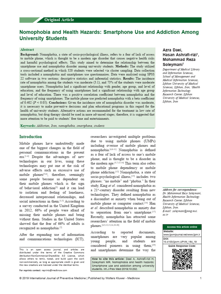 Nomophobia and Health Hazards Smartphone Use | PDF | Statistics