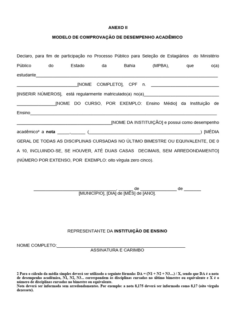 ANEXO II Modelo de Comprovacao de Desempenho Academico | PDF | Carreira e Crescimento