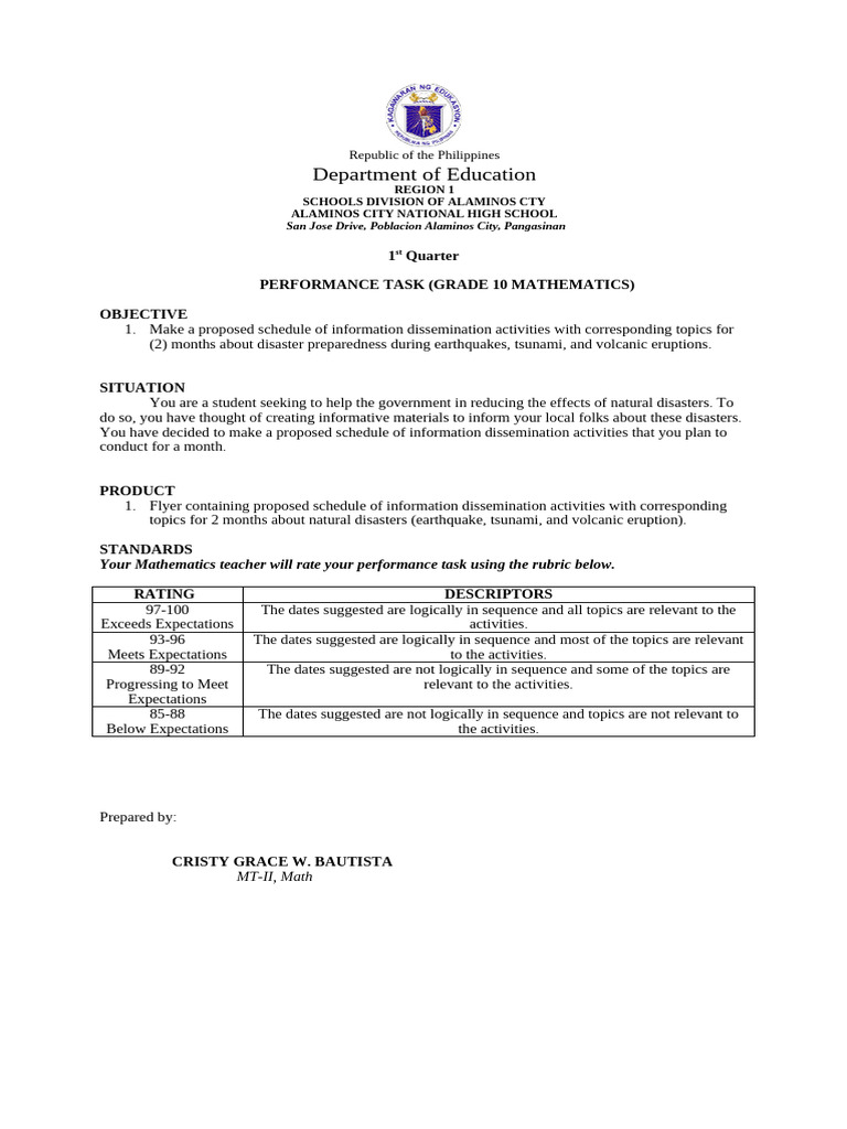 1st Quarter Performance Task | PDF
