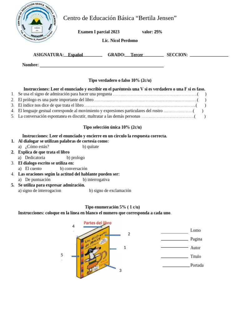 Examenes Tercer Grado Primer Parcial | PDF | Alimentos