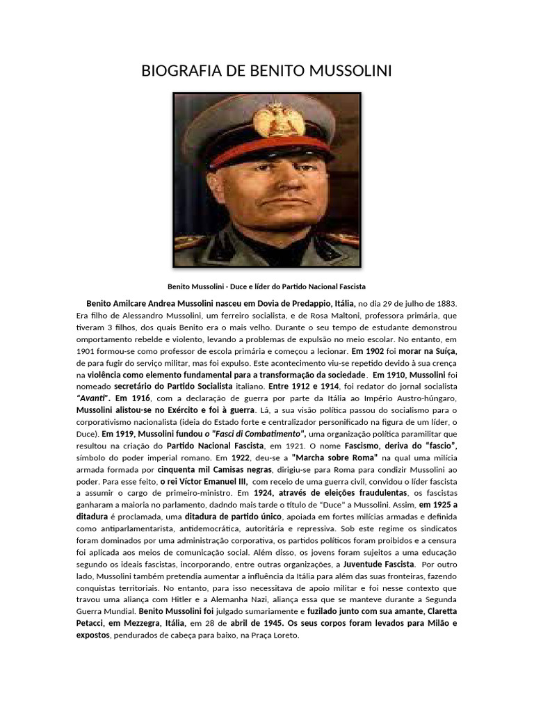 Biografia de Benito Mussolini | PDF | Benito Mussolini | Fascismo