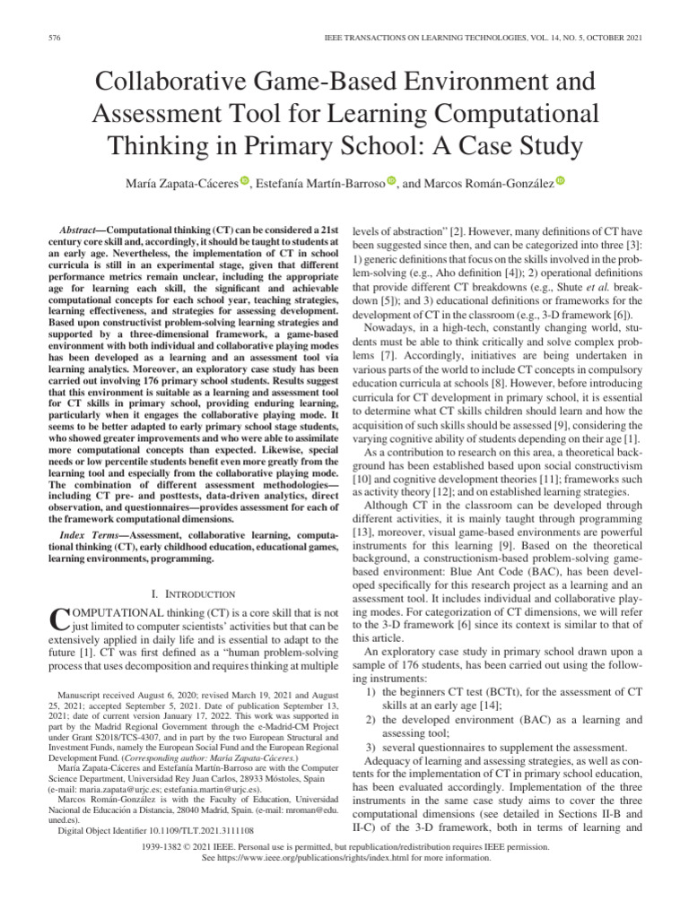 Collaborative Game-Based Environment and Assessment Tool For Learning Computational Thinking in ...