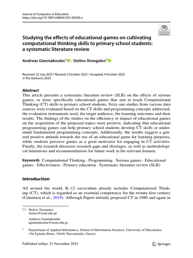 Studying The Effects of Educational Games On Cultivating Computational ...