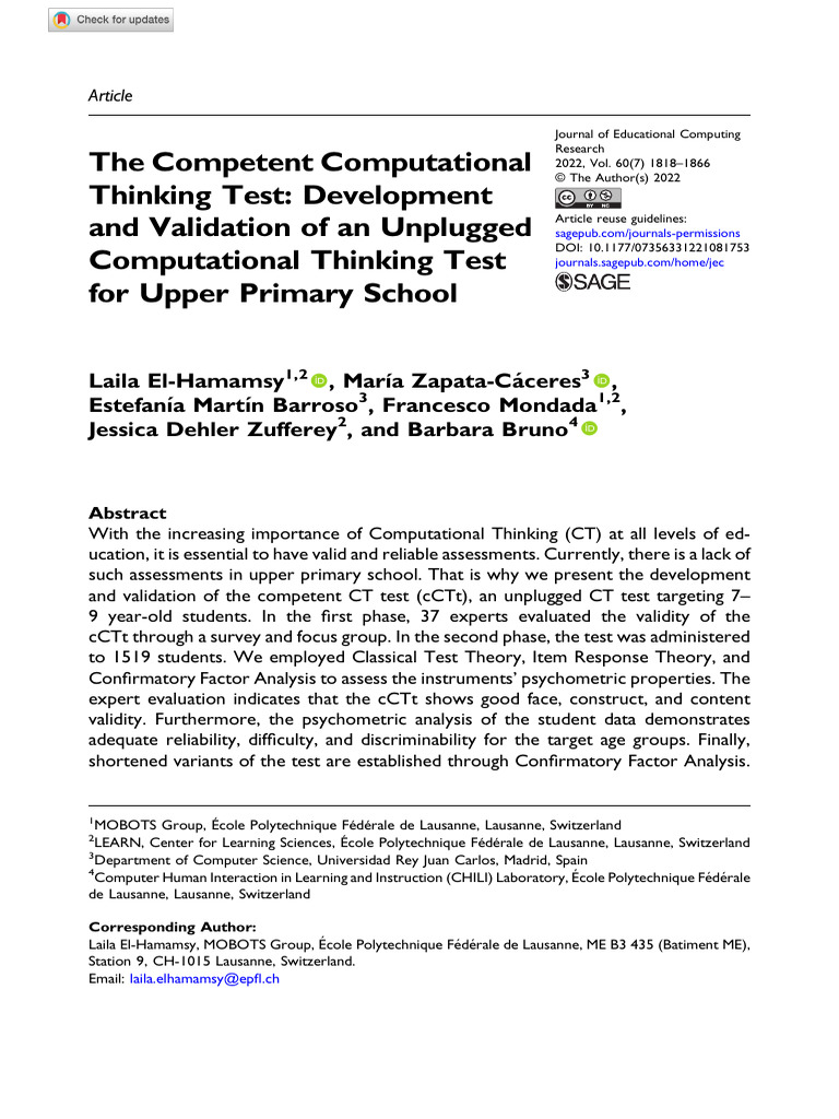 The Competent Computational Thinking Test Development and Validation of ...