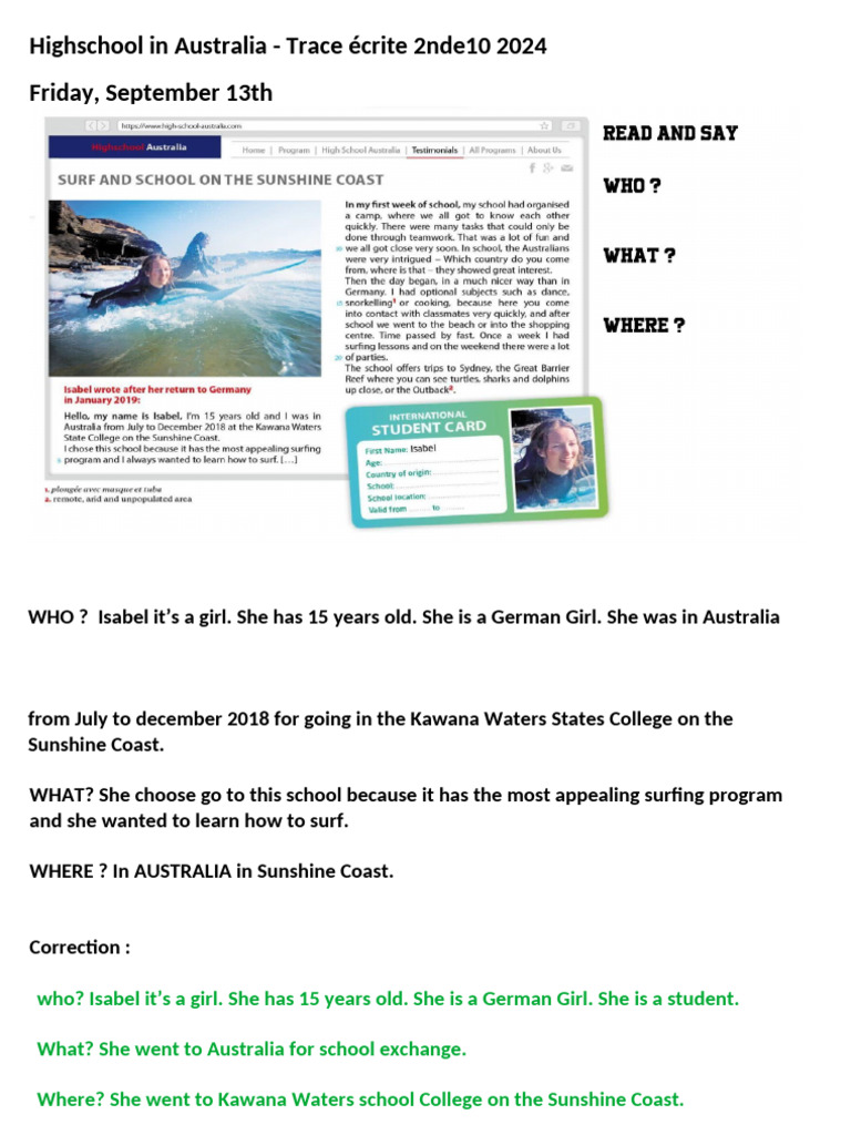 Highschool in Australia - Trace Écrite 2nde 10 2024 | PDF | Language Arts & Discipline