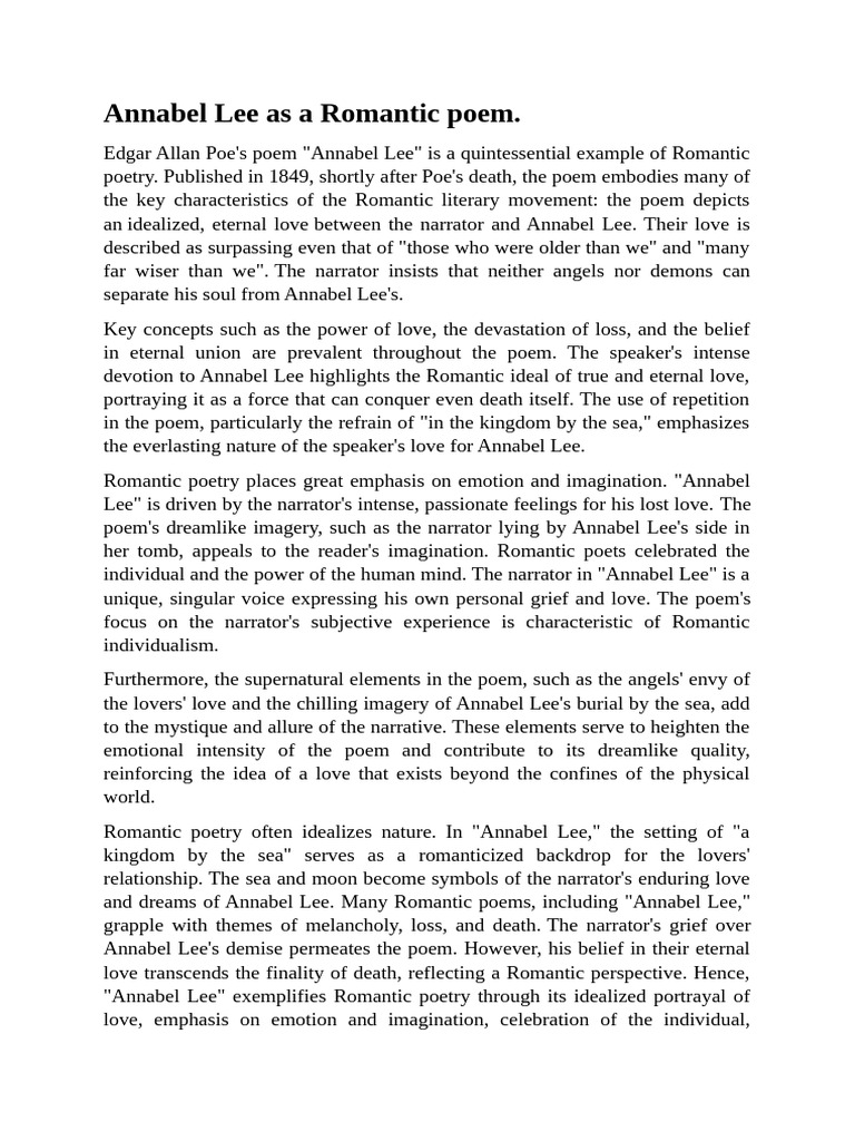 Annabel Lee As A Romantic Poem | PDF | Romanticism | Poetry