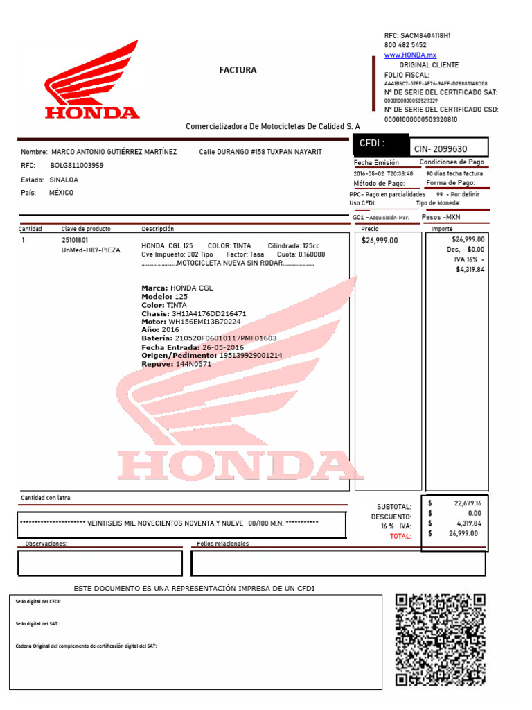 Factura - Honda-Cgl150-Tinta | PDF