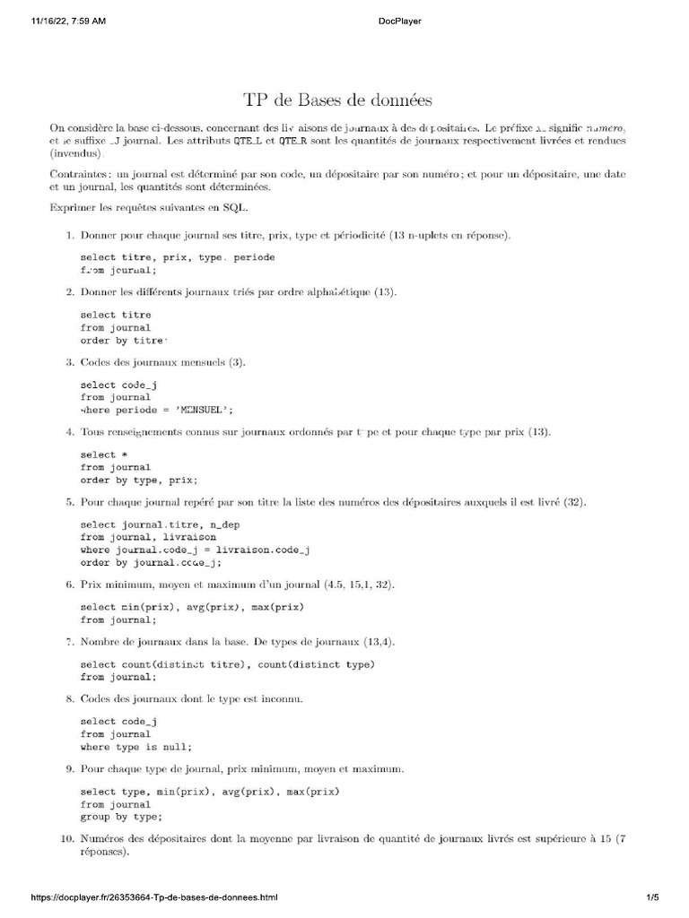 SQL TD 6 Corrigé | PDF