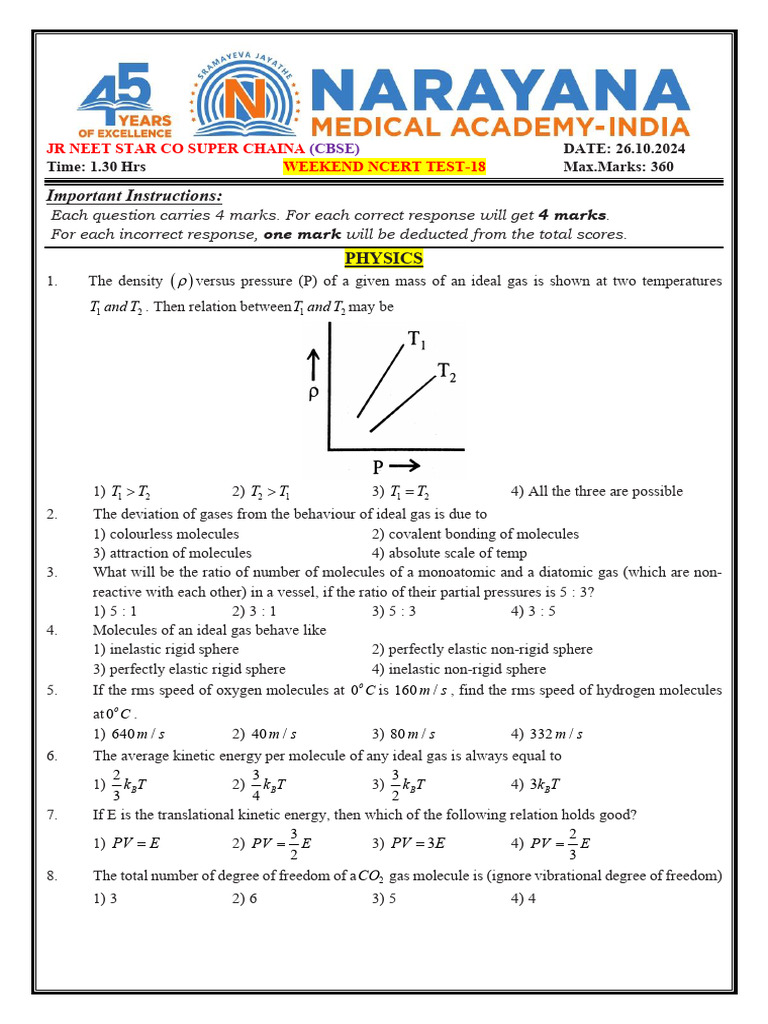JR Neet Star Co Super Chaina (Cbse) Ncert Test - 18 QP 26.10.24 | PDF ...