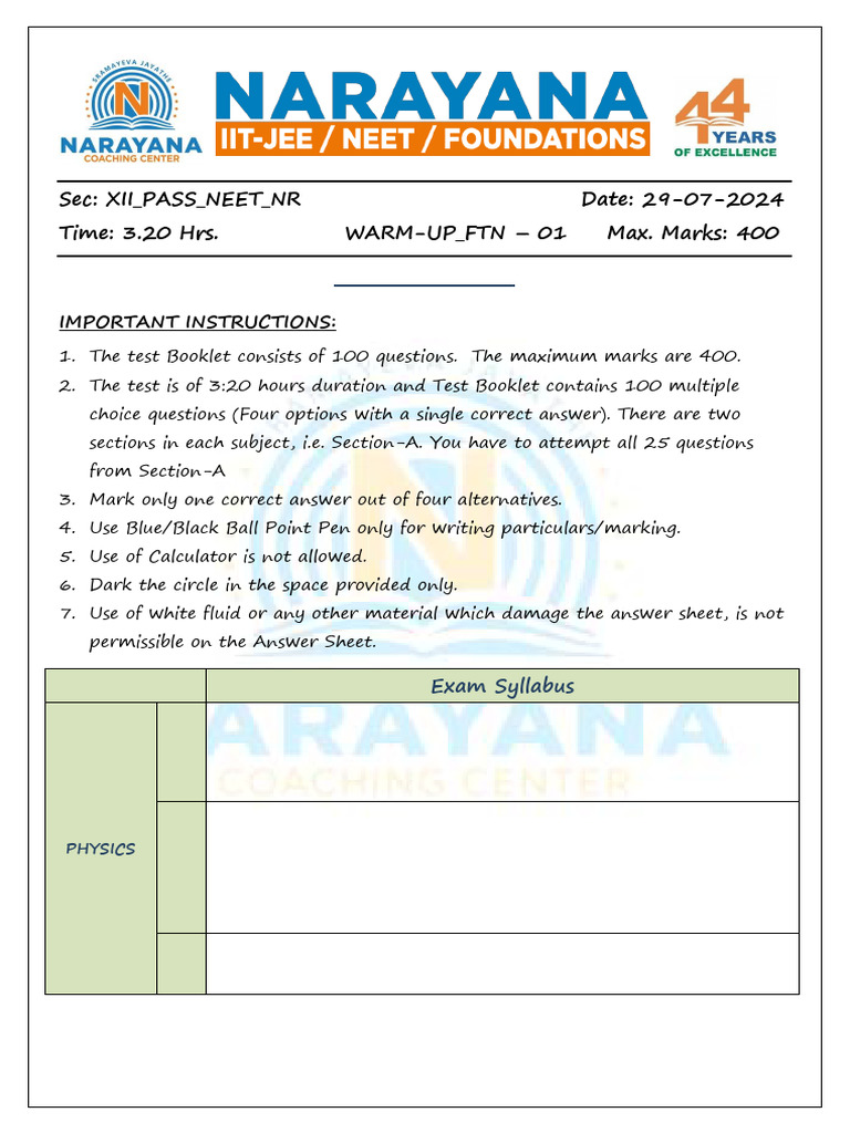 FTN - 1 - WARMUP - NEET Q Paper | PDF | Atomic Orbital | Acceleration