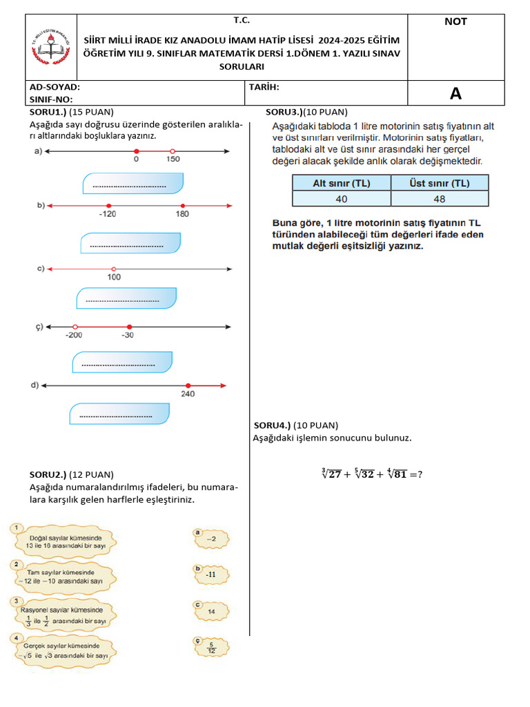 9.sinif 1.dönem 1.yazili | PDF