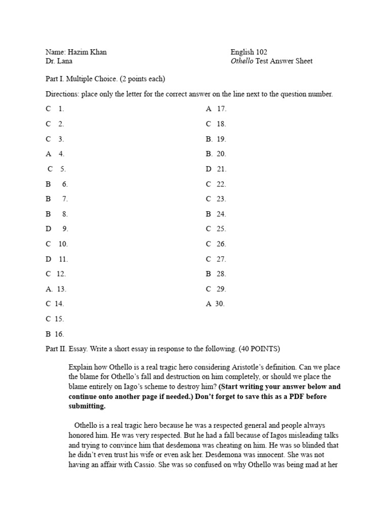 Othello Test Answer Sheet | PDF | Othello | Iago