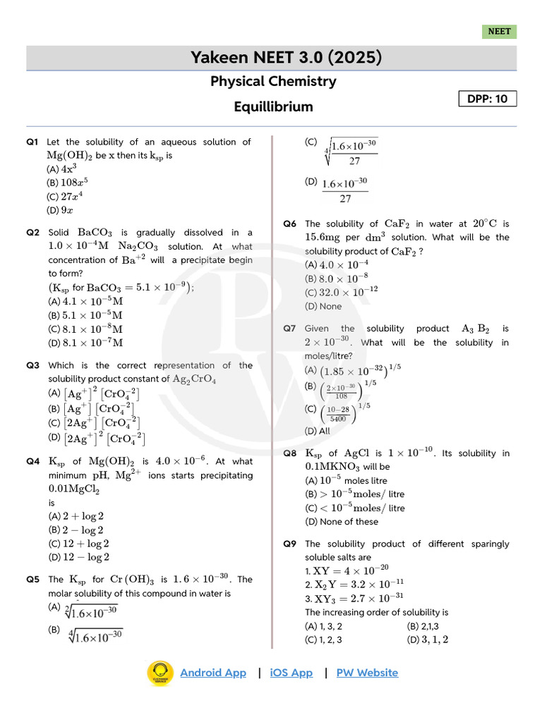 Equilibrium DPP 10 (Of Lec - 15) Yakeen NEET 3.0 2025 | PDF ...