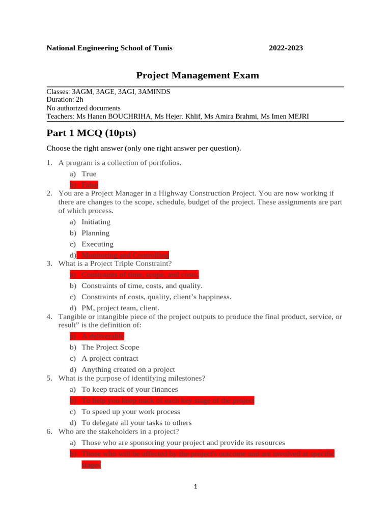 Exam PM NOV 2022 IMavec Correction QCM | PDF | Project Management ...