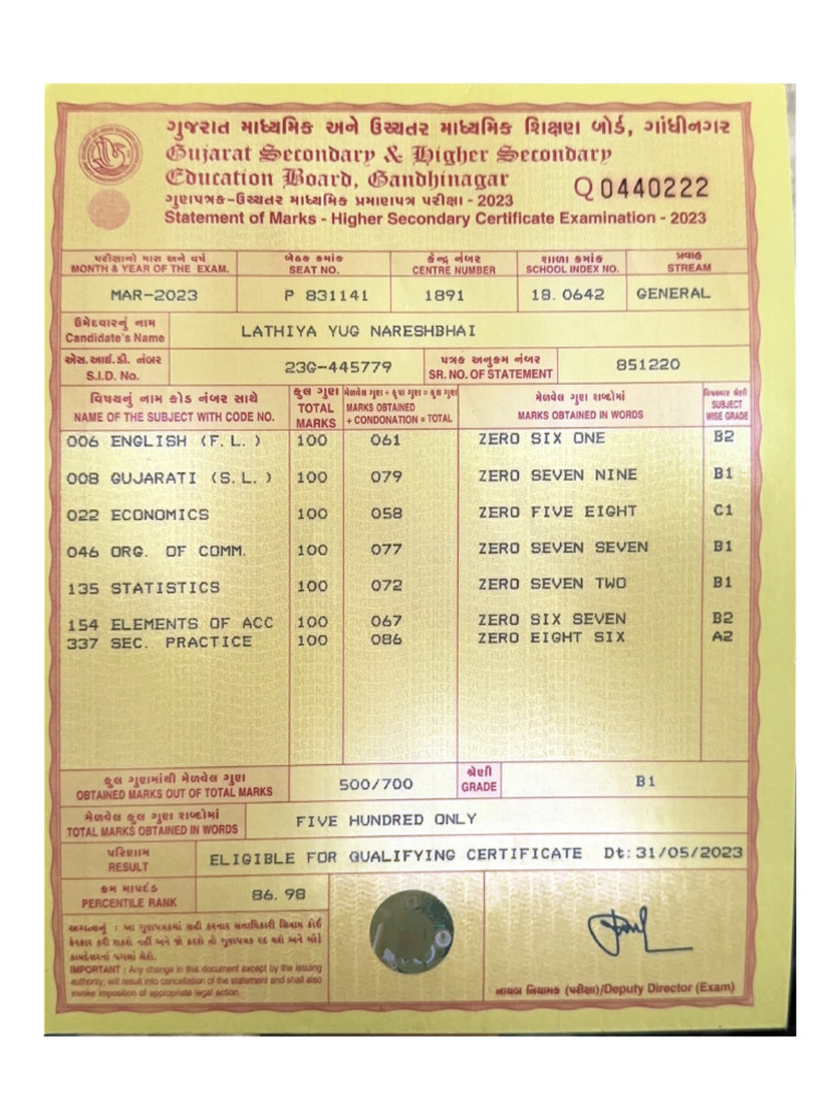 Statement of Marks - Higher Secondary Certificate Examination - 2023 | PDF