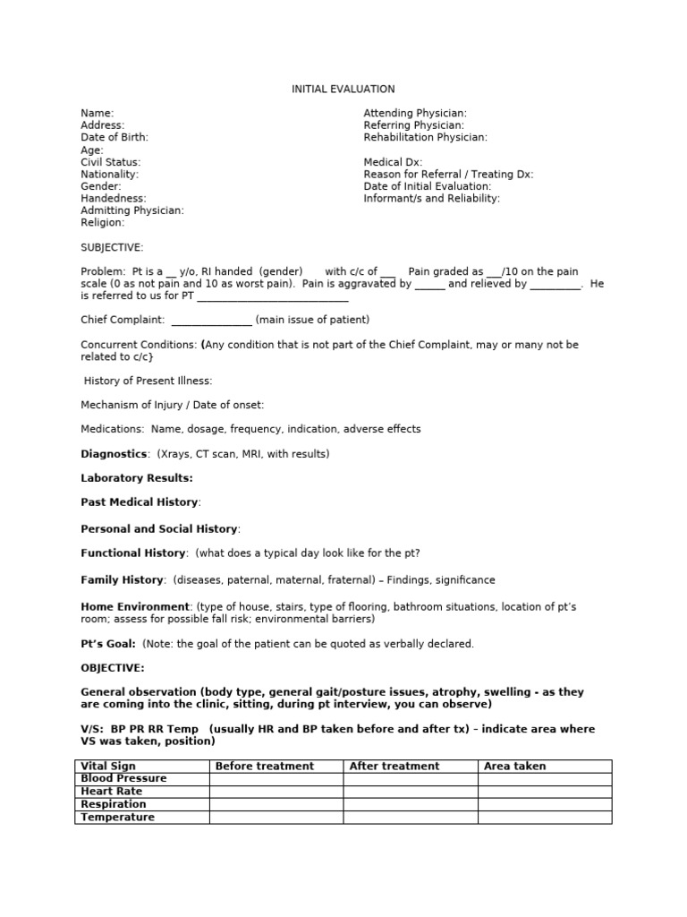 Initial Physical Therapy Evaluation Form | PDF | Somatosensory System ...