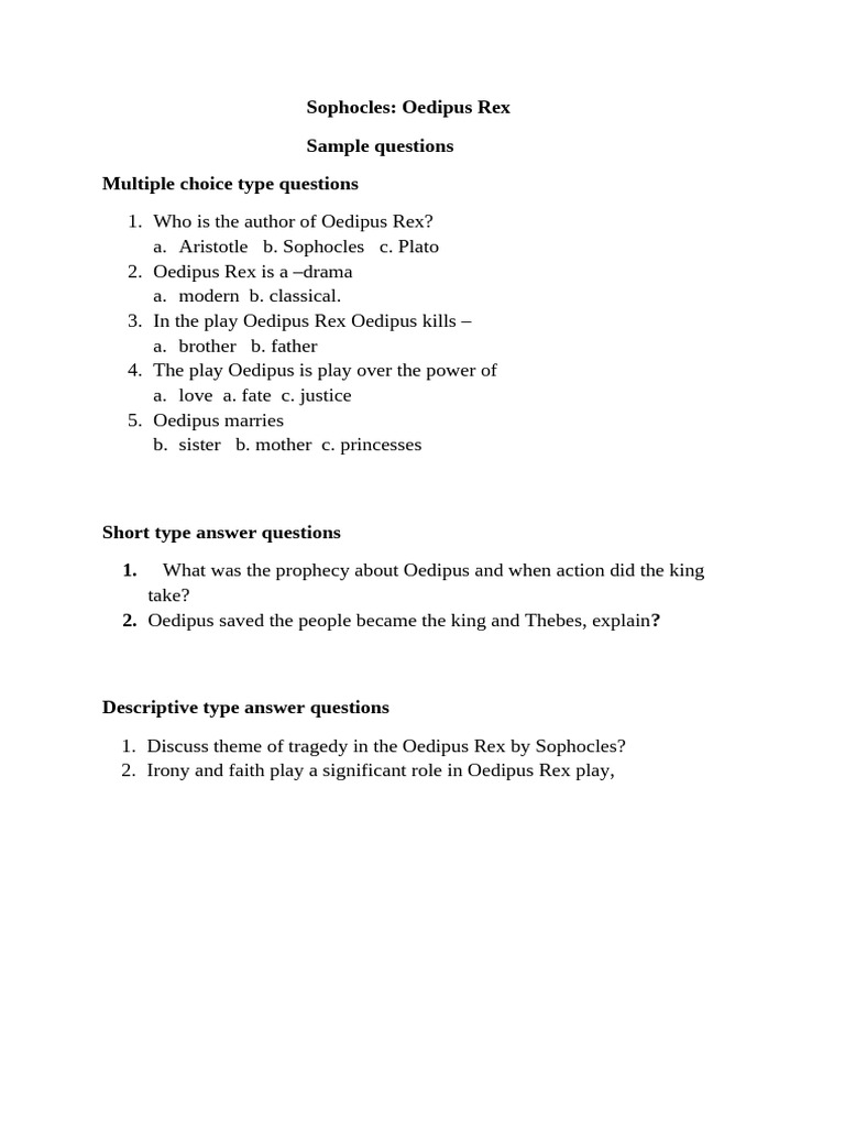 Sample Questions On Sophocles Odepius Rex | PDF | General Fiction