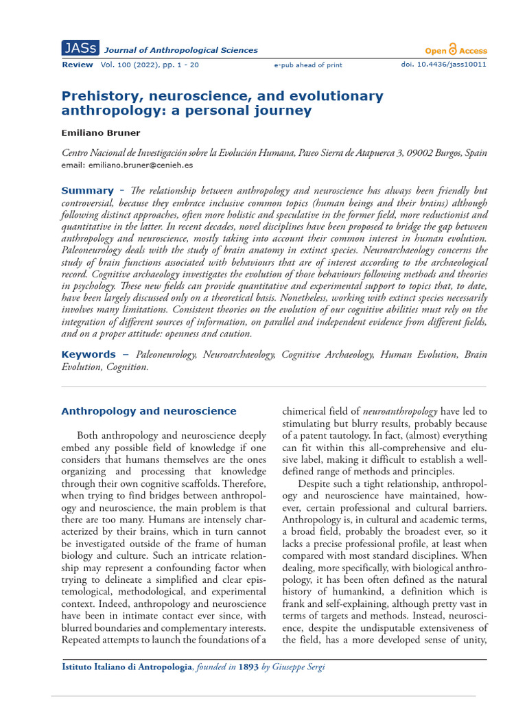 Prehistory, Neuroscience, and Evolutionary Anthropology A Personal ...