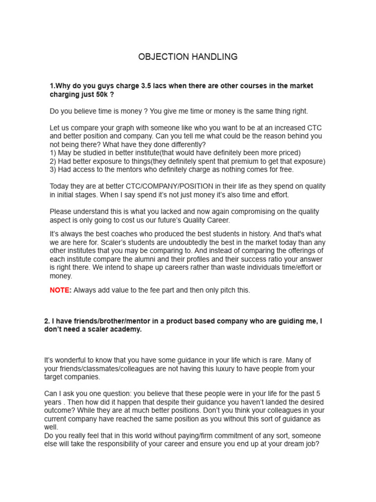 Objection Handling Guide - Team Madhurima | PDF | Mentorship | Learning