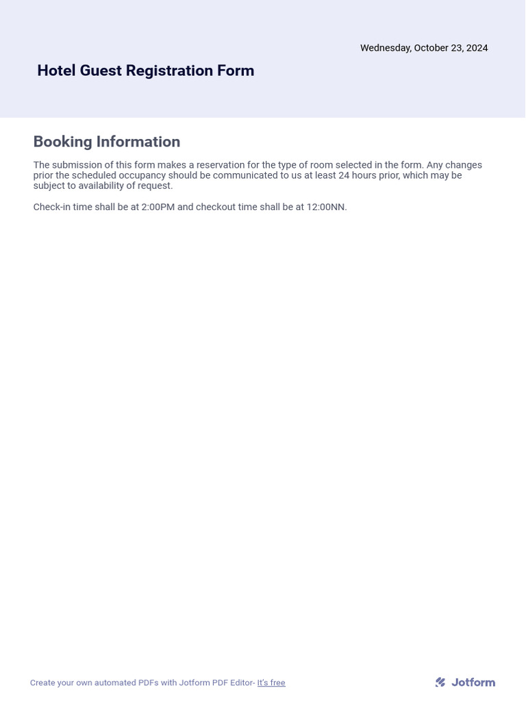Hotel Guest Registration Form: Booking Information | PDF