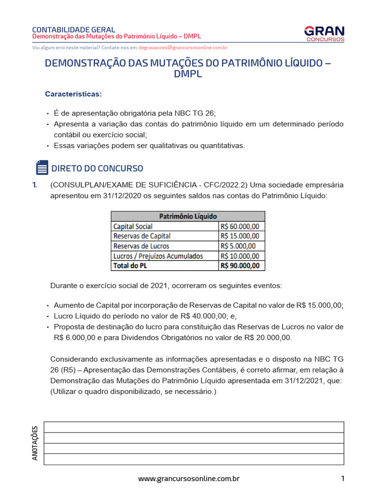 Demonstração Das Mutações Do Patrimônio Líquido - DMPL | PDF | Capital ...