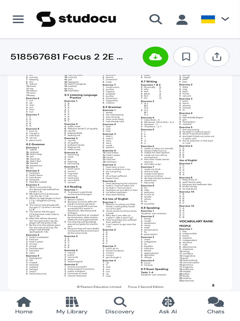Focus 2 2E Workbook Answers - 1 Vocabulary Exercise 1 1 Unsociable 2 Boring 3 Relaxed 4 ...