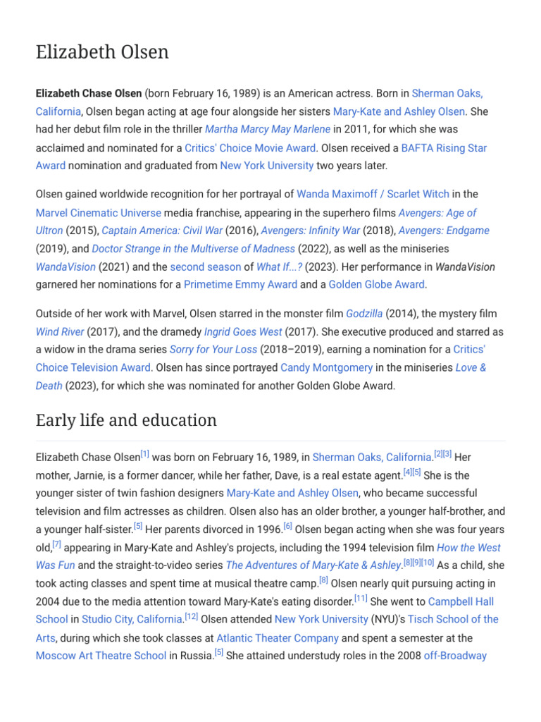 Elizabeth Olsen - Wikipedia | PDF