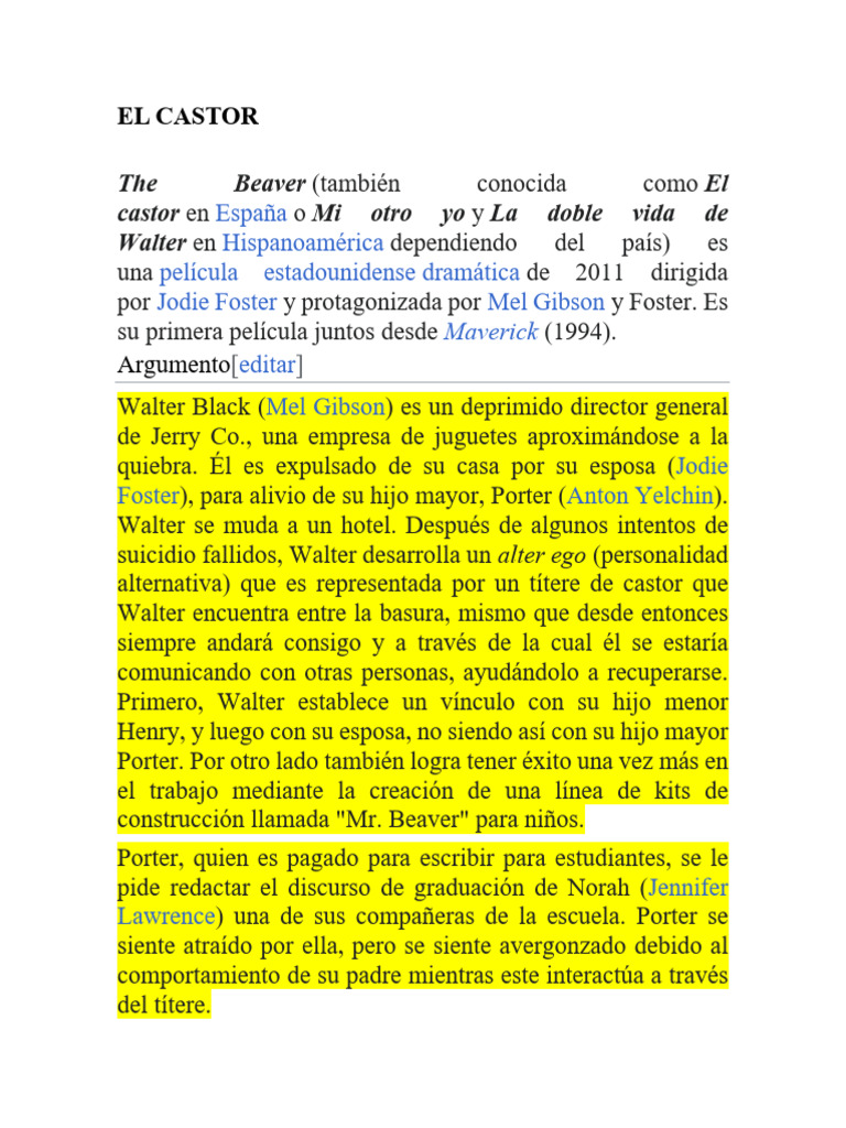 El Castor | PDF | Trastorno depresivo mayor | Depresión (estado de ánimo)