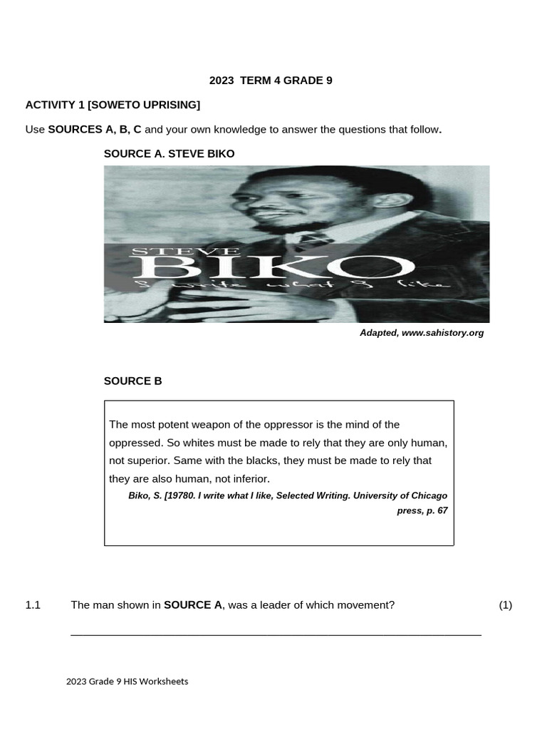 Grade 9 History Term 4 Worksheets | PDF | Apartheid | Boycott