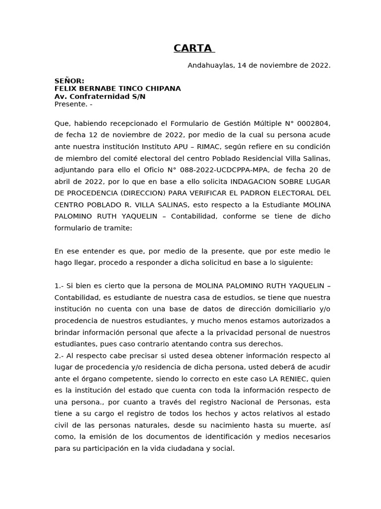 Carta de Respuesta Informacion de Domicilio Estudiantes APU - RIMAC ...