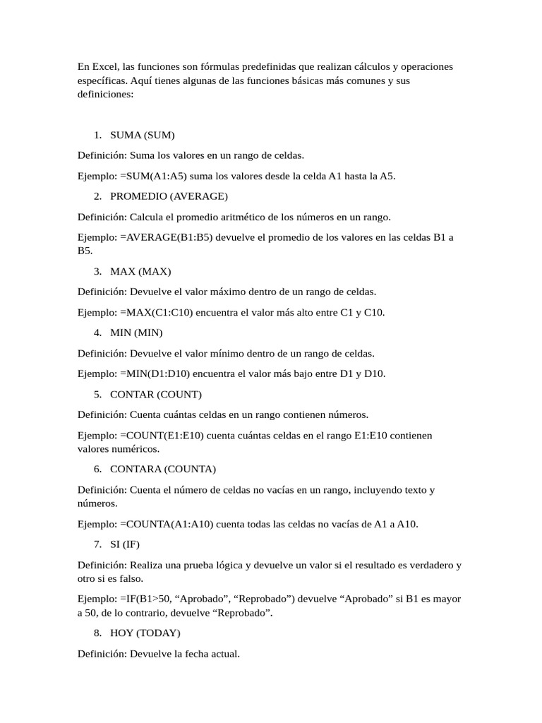 funciones basicas de excel | PDF | Hoja de cálculo | SQL funciones basicas de excel | PDF | Hoja de cálculo | SQL