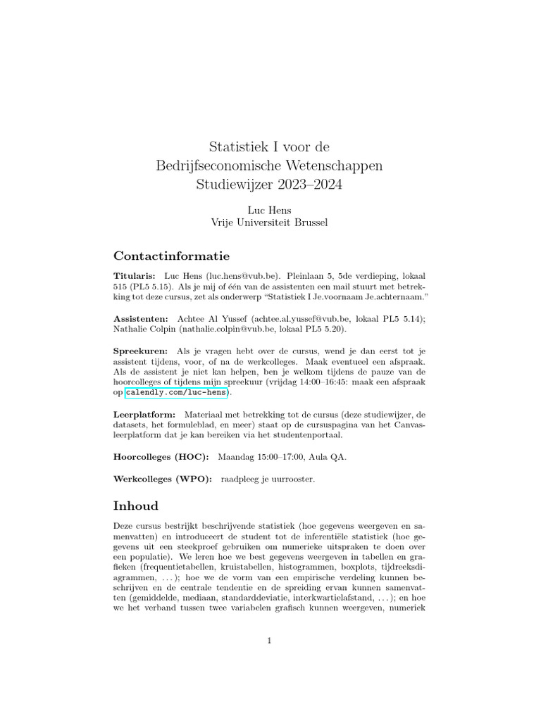 Statistiek I Studiewijzer 2023 2024 | PDF
