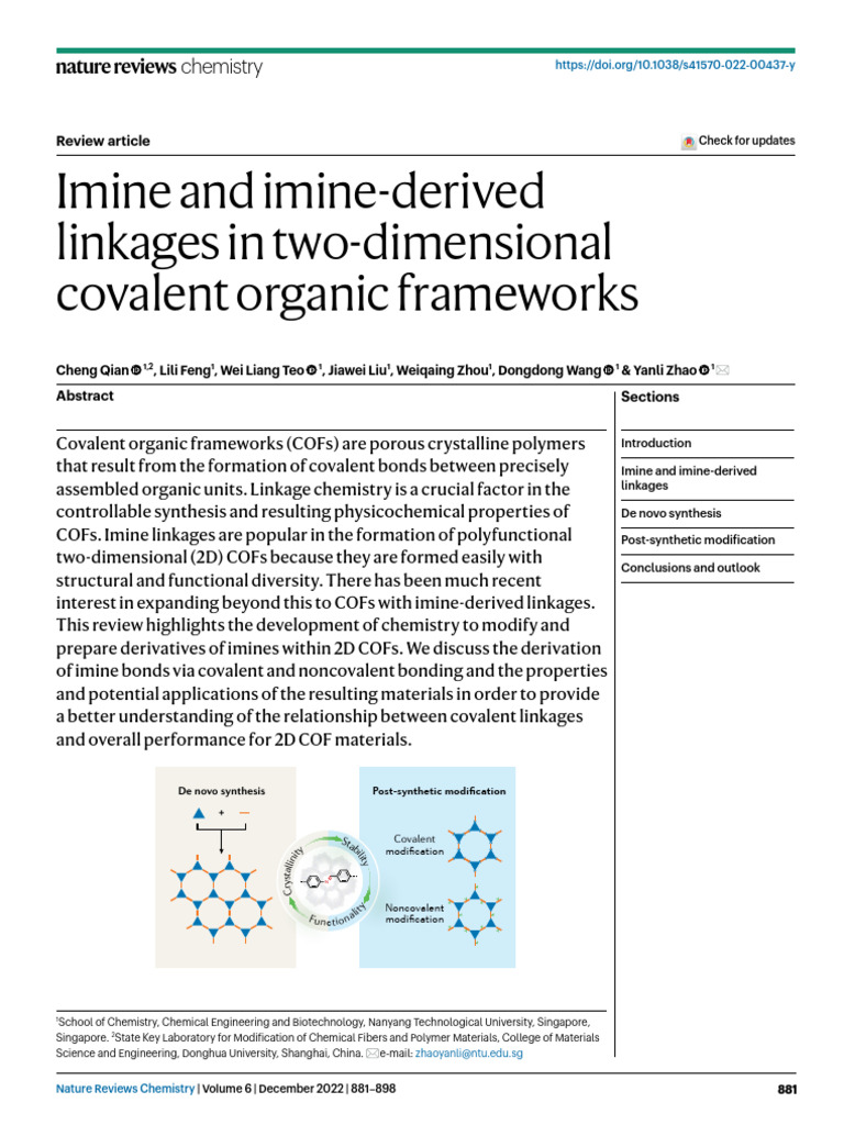 Imine and Imine-Derived Linkages in Two-Dimensional Covalent Organic Frameworks | PDF | Applied ...