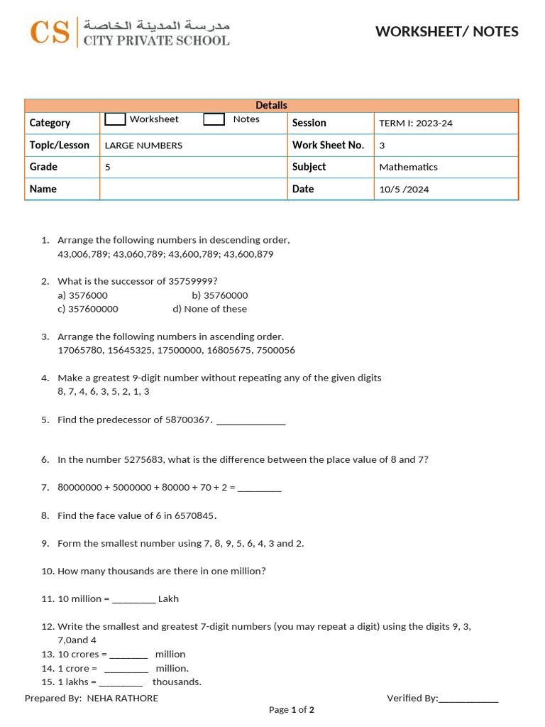GRADE 5 lARGE NUMBER WORKSHEET 3 | PDF | Business | Teaching Methods ...