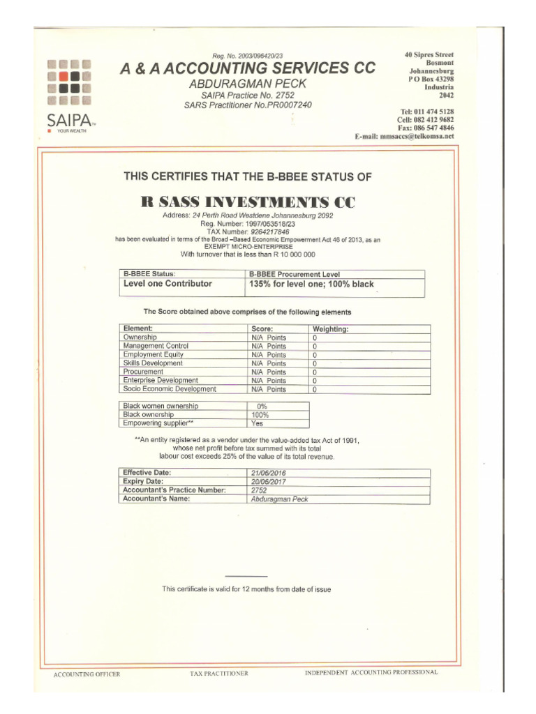 BBEEE Certificate 2016 2017 | PDF