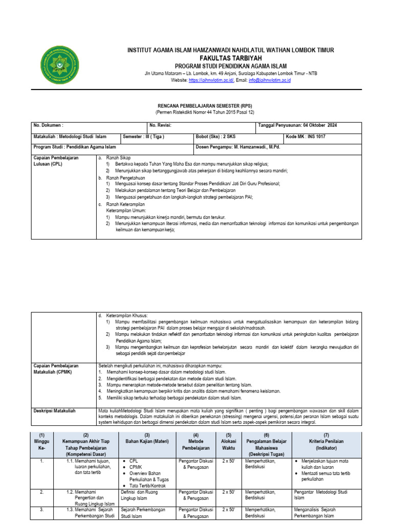 RPS METODOLOGI STUDI ISLAM Acc 2024-1 | PDF