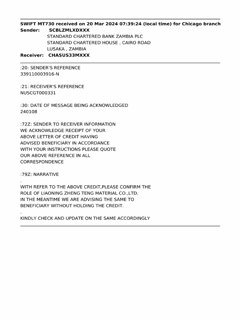 Received Swift Confirmation From JP Morgan Chase | PDF