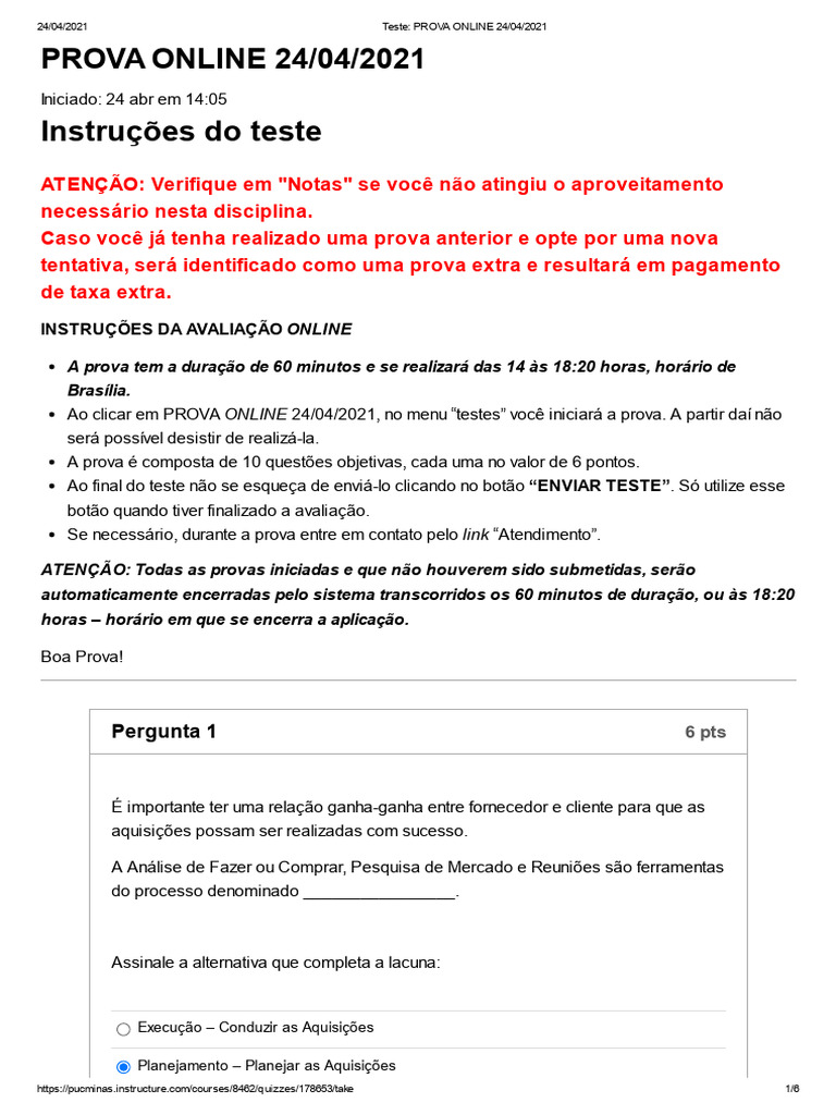 Teste - Prova Online 24-04-2021 | PDF