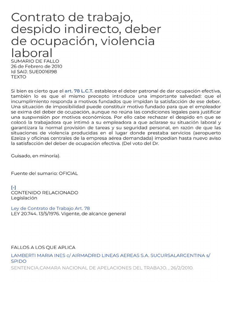 Contrato de Trabajo, Despido Indirecto, Deber de Ocupación, Violencia Laboral | PDF