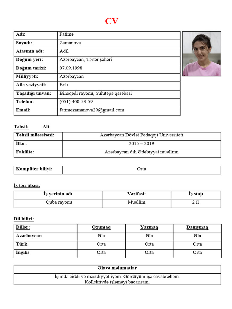 CV Fatime Zamanova | PDF